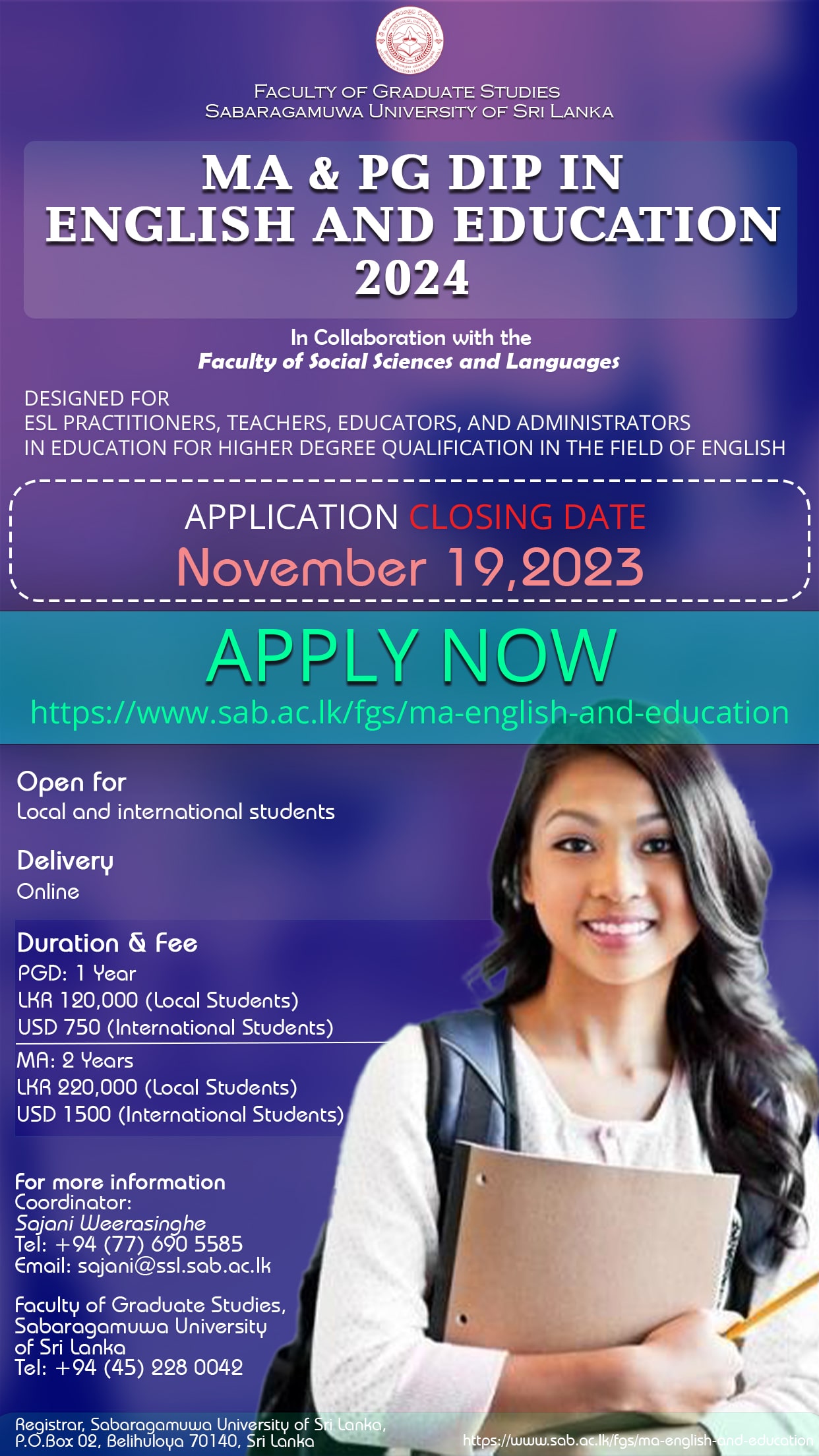 ADMISSIONS OPEN - Master/PG Diploma in English and Education 2024